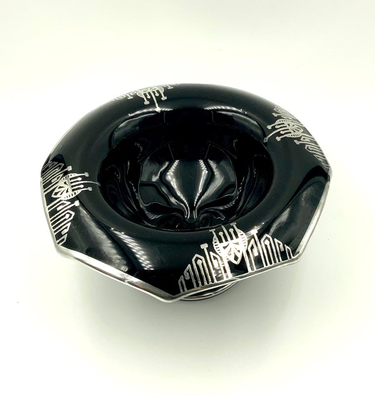 Art Deco Silver Overlay Black Amethyst Glass Octagon Bowl Compote For ...