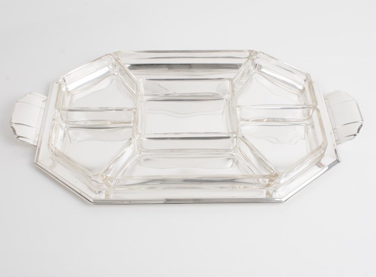Art Deco Silver Plate Barware Serving Set Tray and Crystal Dishes by ...