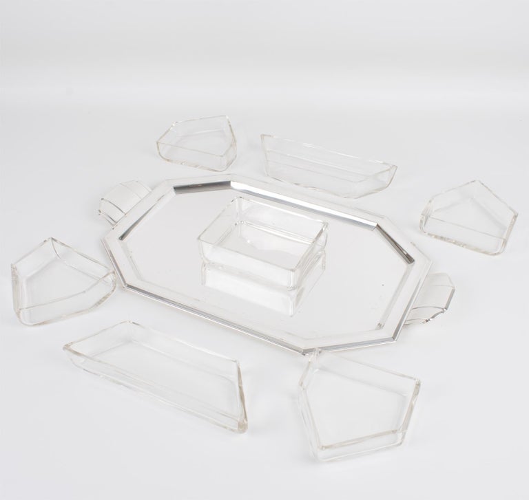 Art Deco Silver Plate Barware Serving Set Tray and Crystal Dishes by ...