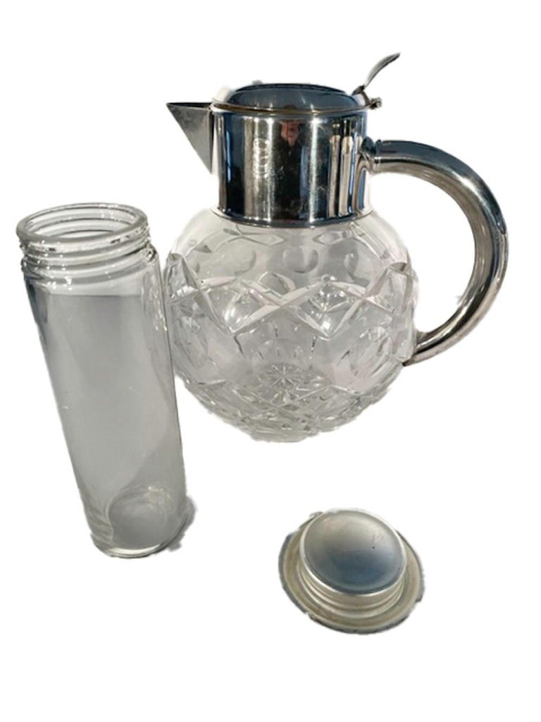 Art Deco Silver-Plate Mounted Cut Glass Pitcher of Ball Form w/Ice ...