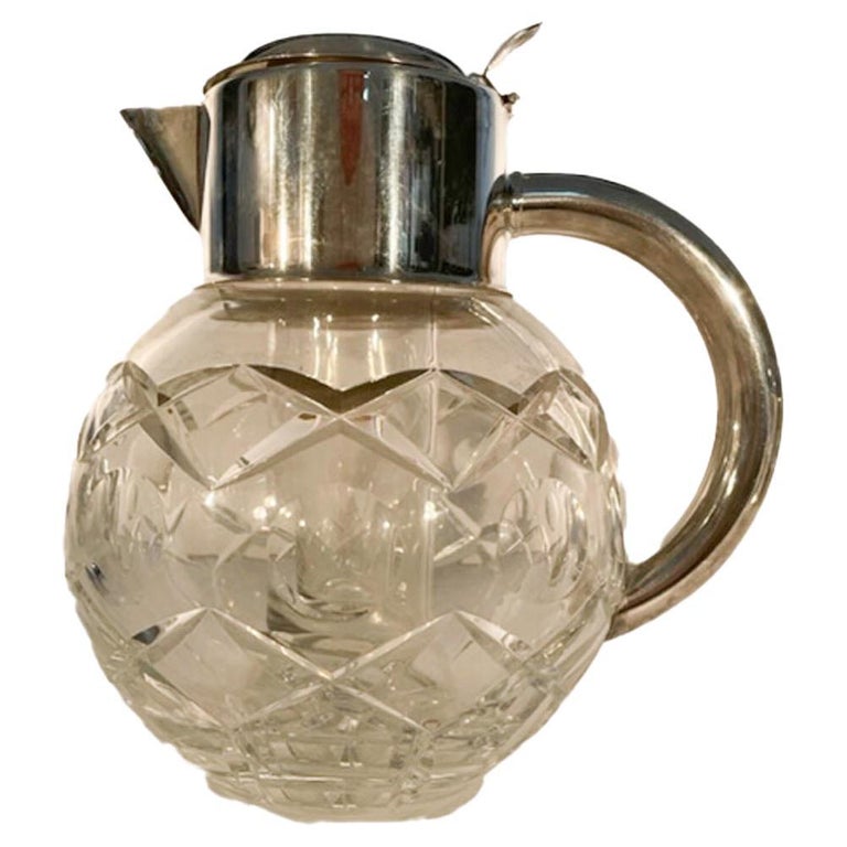 Art Deco Silver-Plate Mounted Cut Glass Pitcher of Ball Form w/Ice ...