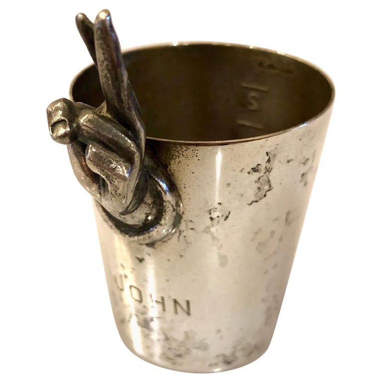 Art Deco Silver Plate Shot Cup with Peace Sign For Sale at 1stDibs