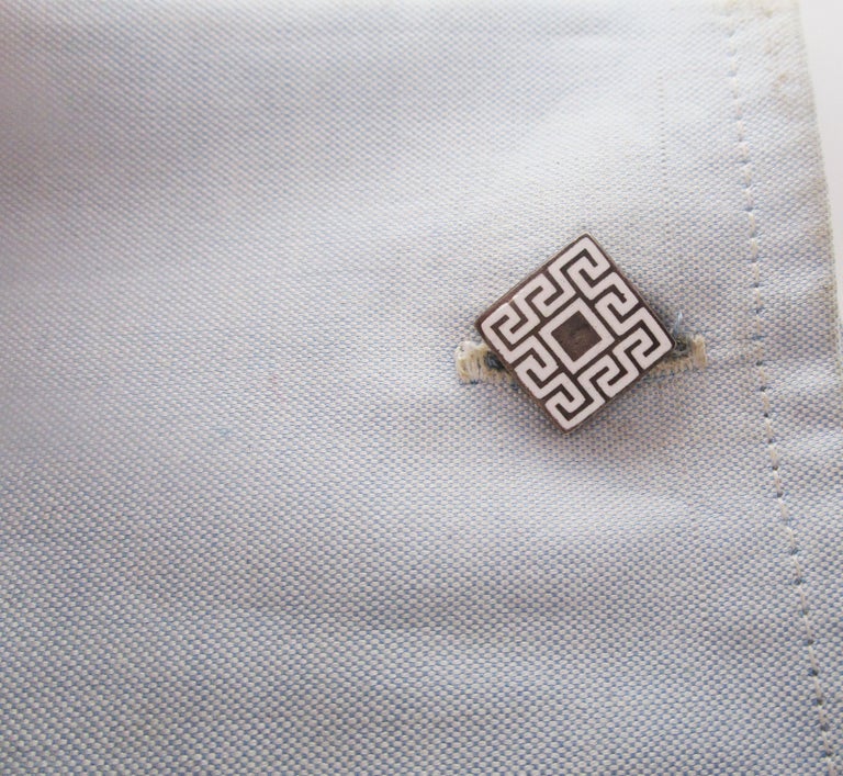 Art Deco Silver Plate White Enamel Geometric Cufflinks For Sale at 1stDibs