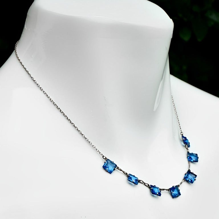 Art Deco Silver Tone Chain Necklace with Square Azure Blue Glass ...