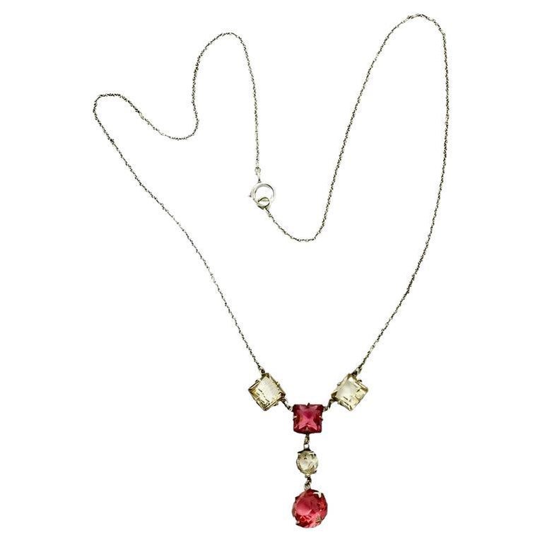 Art Deco Silver Tone Drop Pendant Necklace with Rouge Pink Clear Glass ...