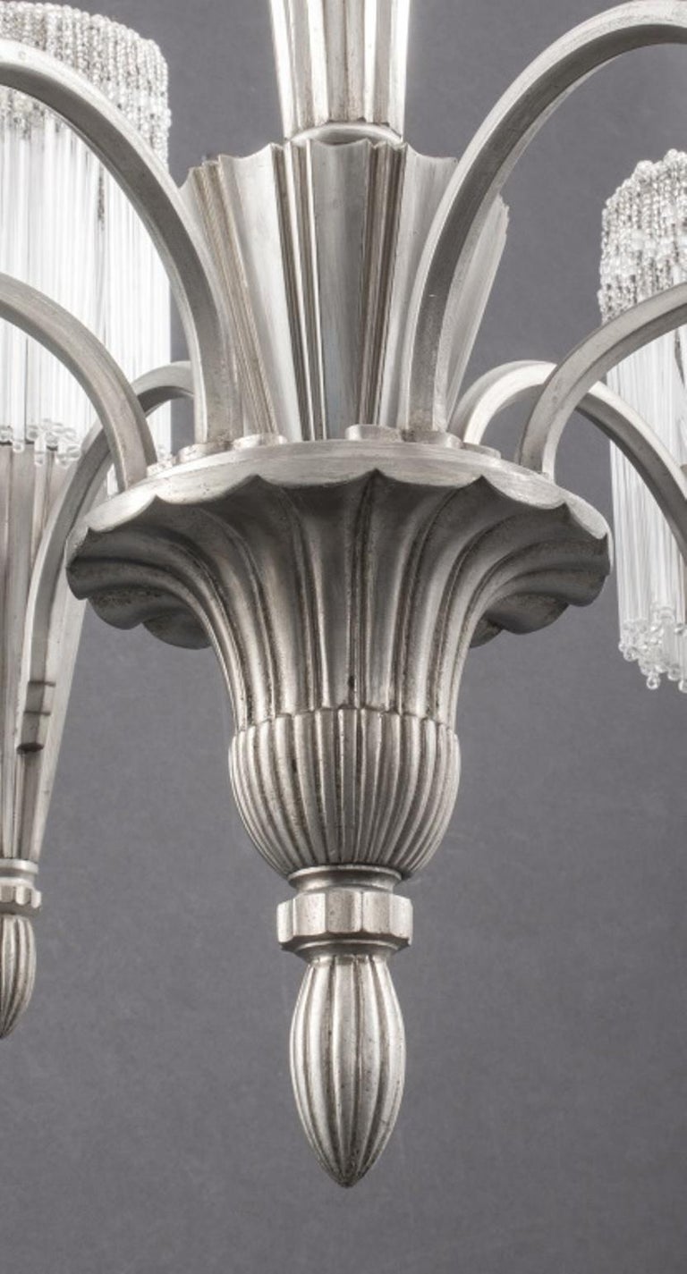 Art Deco Silvered Bronze 6 Arm Chandelier For Sale at 1stDibs