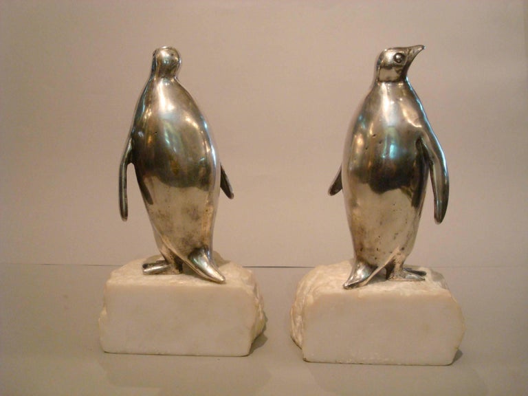 Art Deco Silvered Bronze Penguin Bookends, France, 1920s at 1stDibs