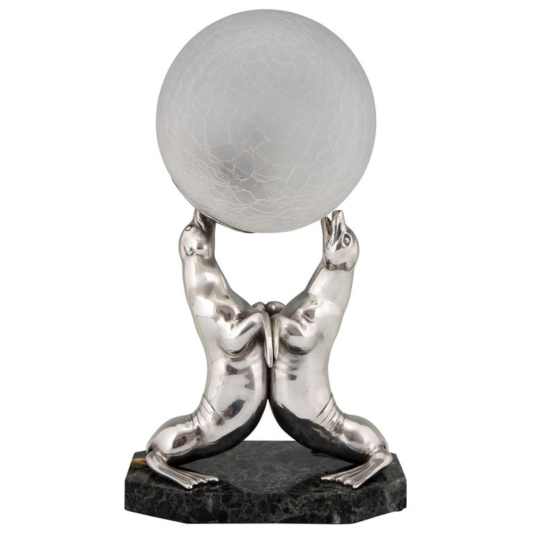 Art Deco Silvered Lamp of Two Seal Playing with a Ball Louis Albert ...