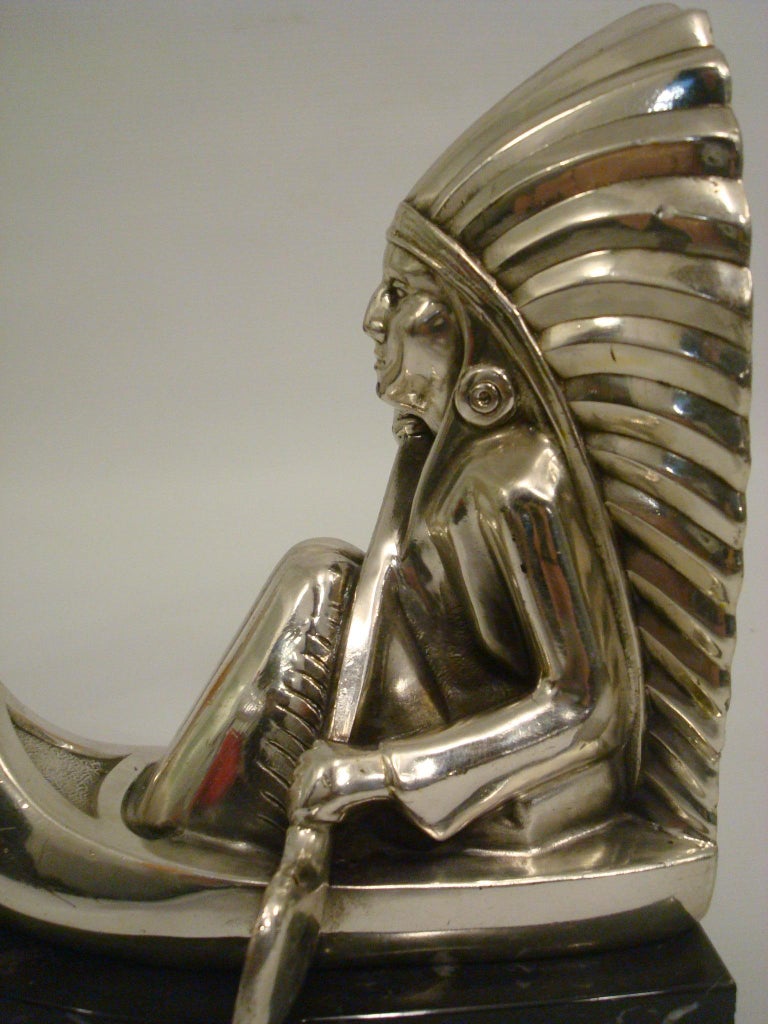 Art Deco Silvered Metal Natives Rowing Bookends For Sale at 1stDibs