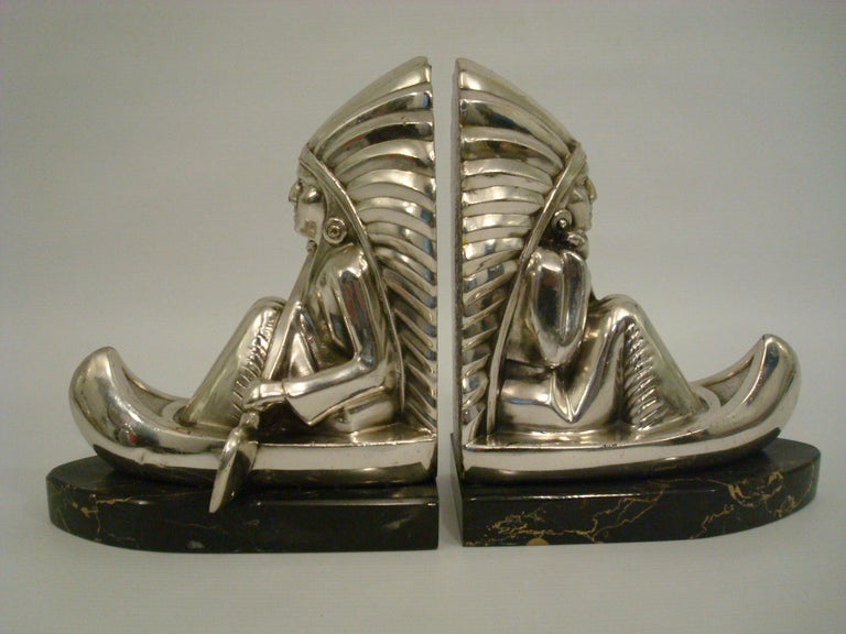 Art Deco Silvered Metal Natives Rowing Bookends For Sale at 1stDibs