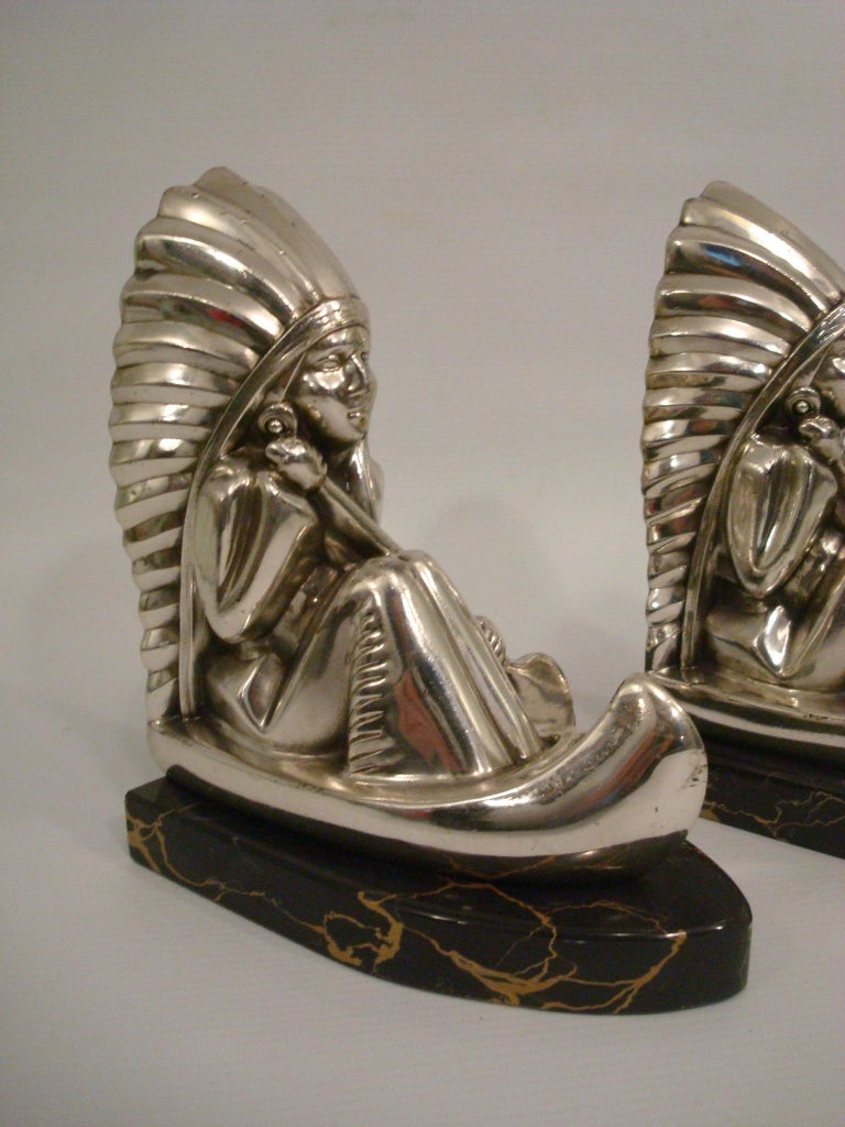 Art Deco Silvered Metal Natives Rowing Bookends For Sale at 1stDibs