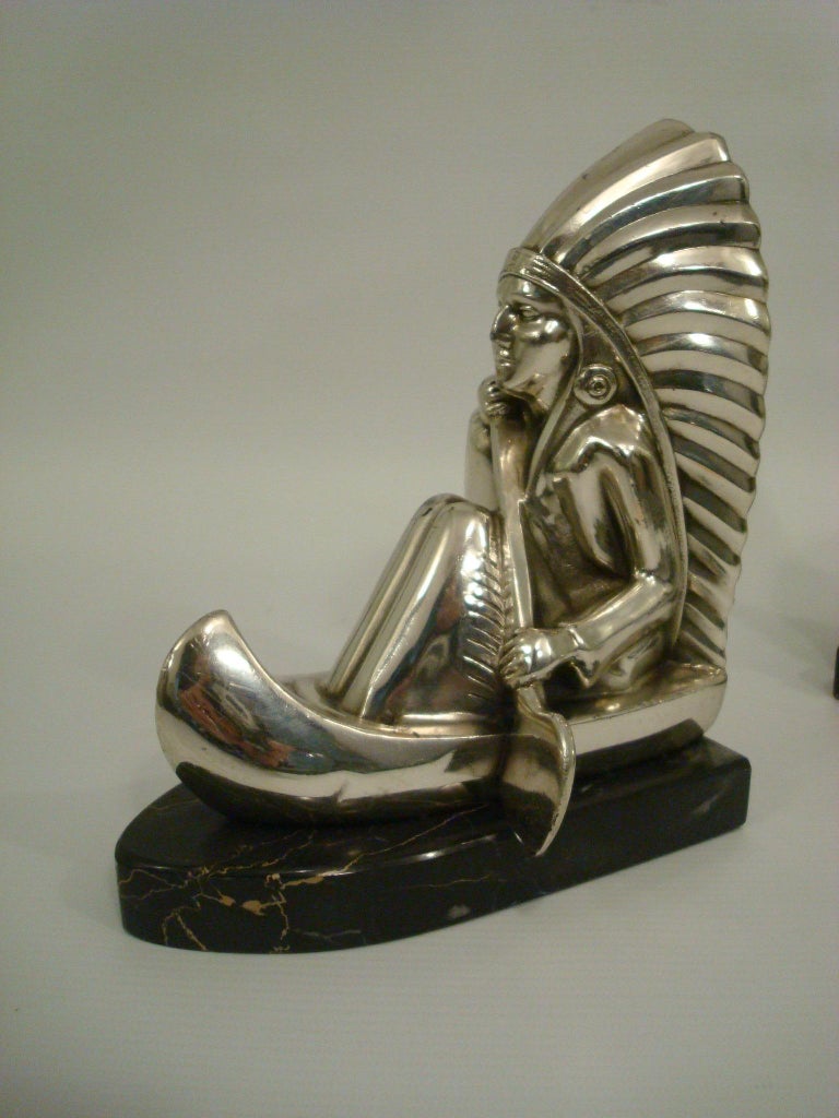 Art Deco Silvered Metal Natives Rowing Bookends For Sale at 1stDibs