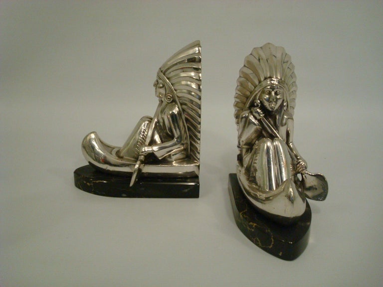 Art Deco Silvered Metal Natives Rowing Bookends For Sale at 1stDibs