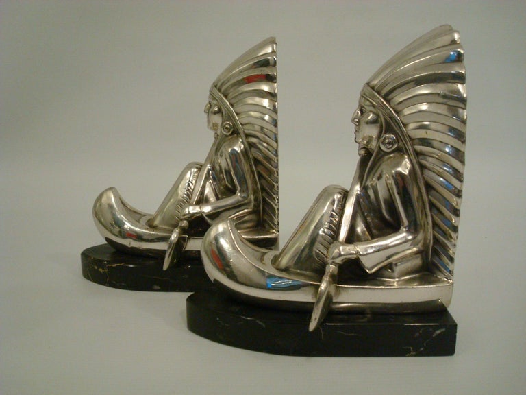 Art Deco Silvered Metal Natives Rowing Bookends For Sale at 1stDibs