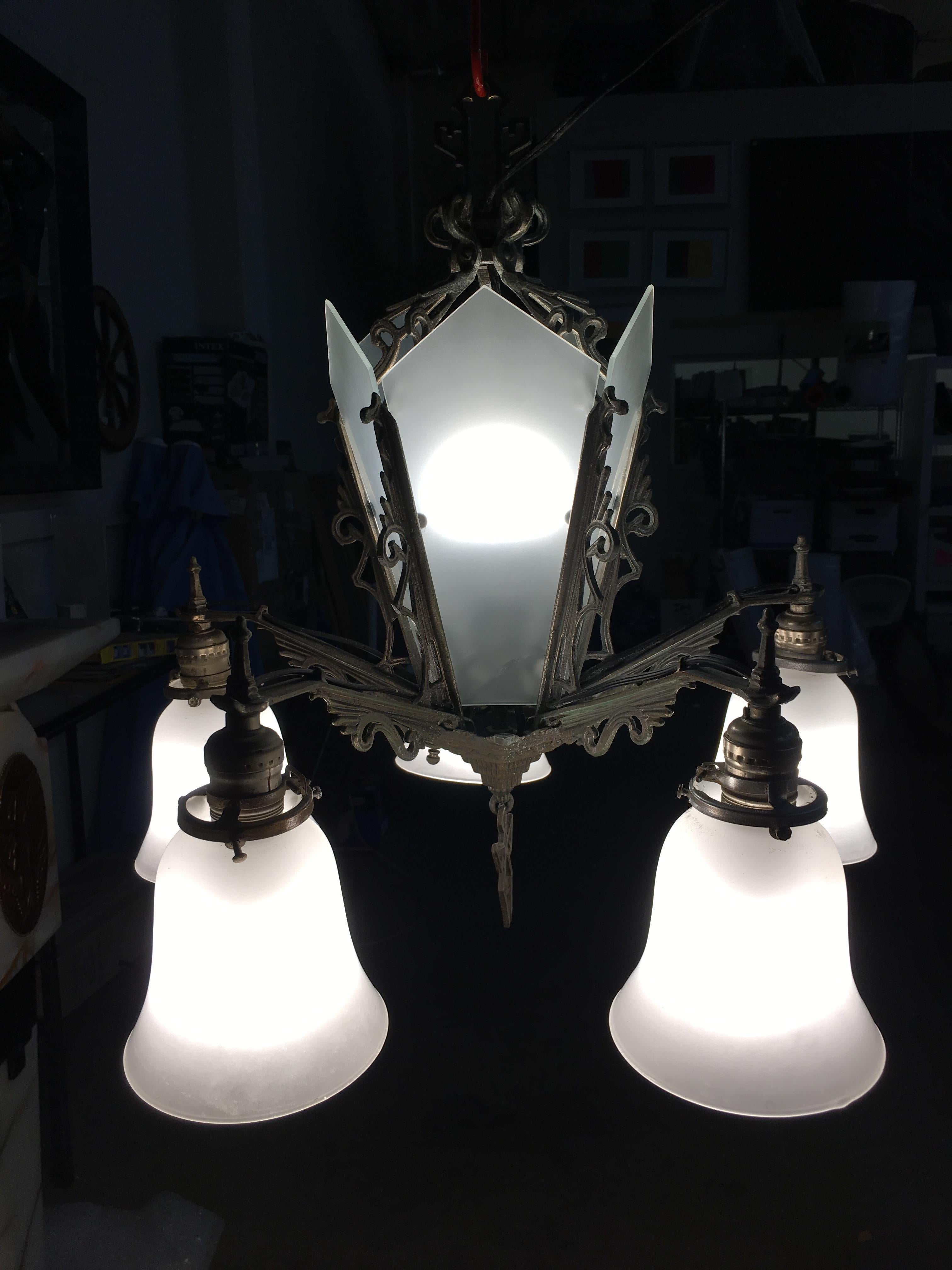 Art Deco Slat Glass Hanging Light Chandelier with Geometric Details For ...