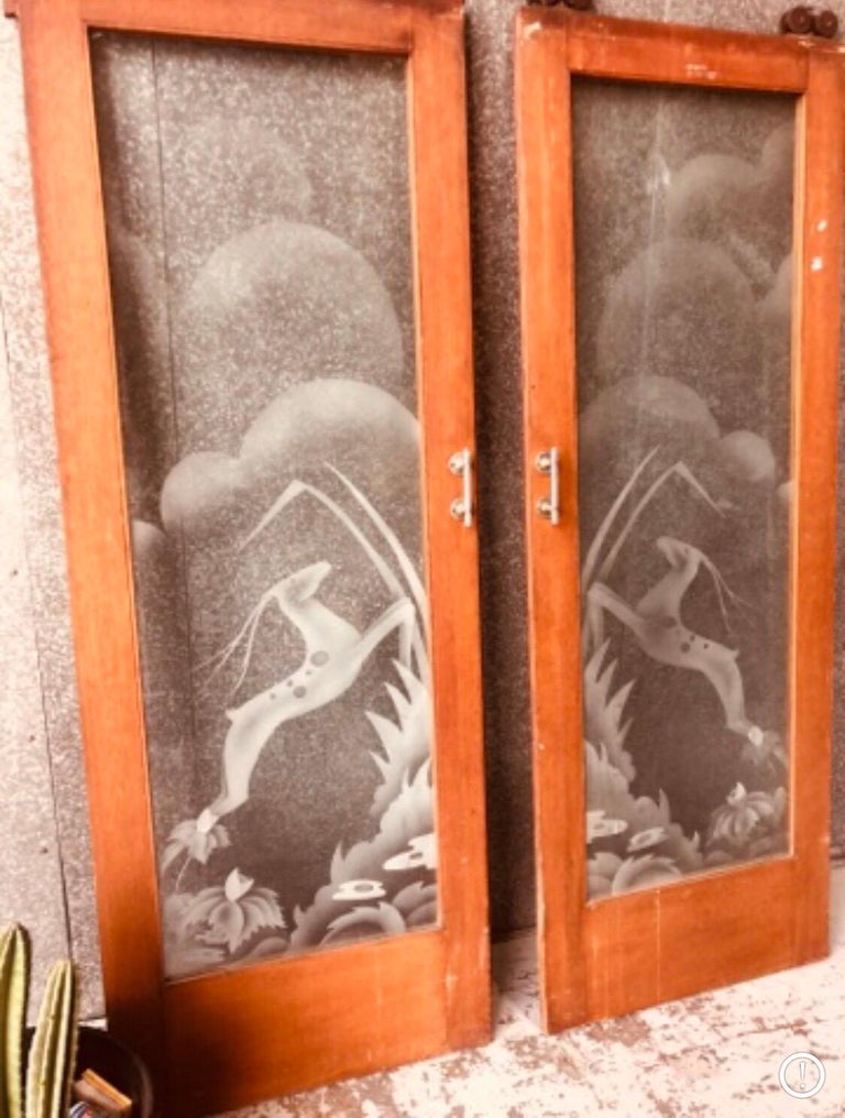 Art Deco Sliding French Doors Acid Etched Impala Motif at 1stDibs