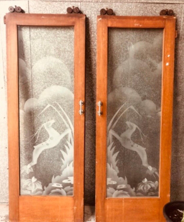 Art Deco Sliding French Doors Acid Etched Impala Motif at 1stDibs