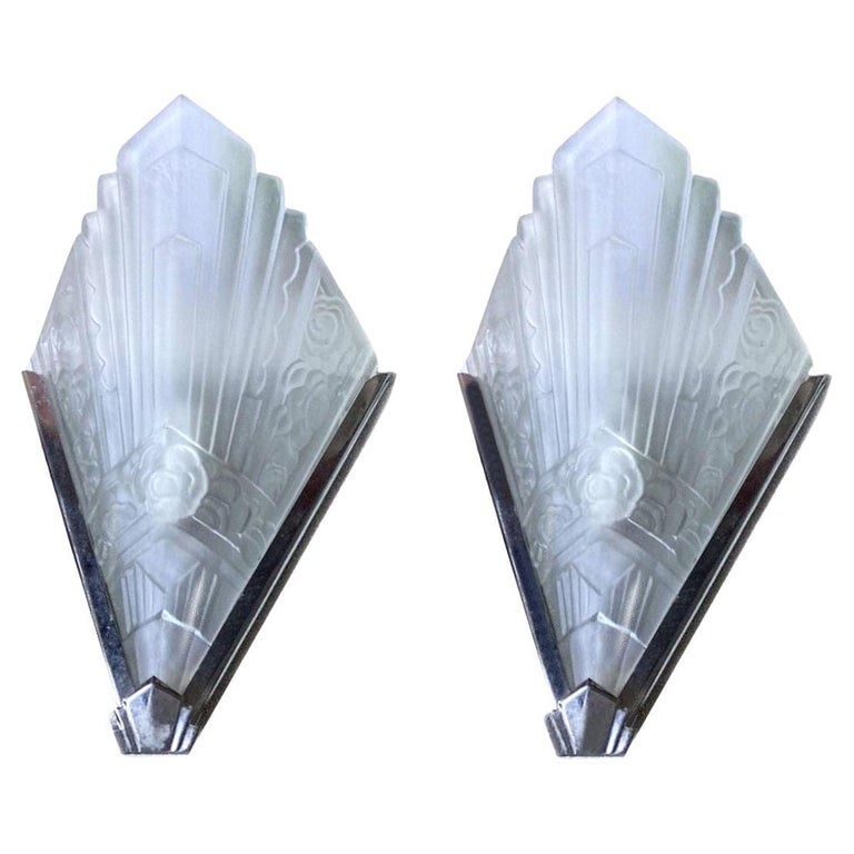 Art Deco Slip Shade Pair of Glass and Chrome Wall Light Sconces, c1930 ...