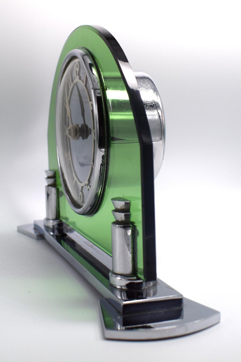 Art Deco Smiths English 8 Day Chrome and Green Glass Clock, circa 1930 ...