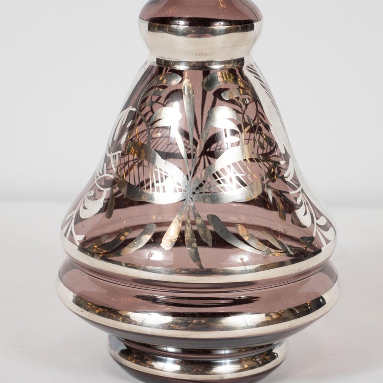 Art Deco Smoked Amethyst Decanter With Stylized Sterling Silver Foliate Overlays For Sale At 1stdibs