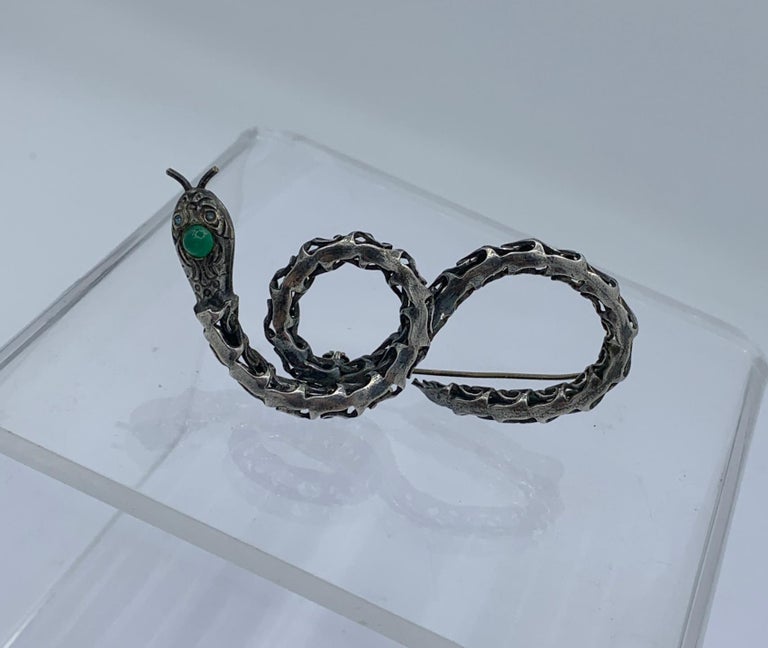 Art Deco Snake Brooch Green Chrysophrase Silver Antique For Sale at 1stDibs