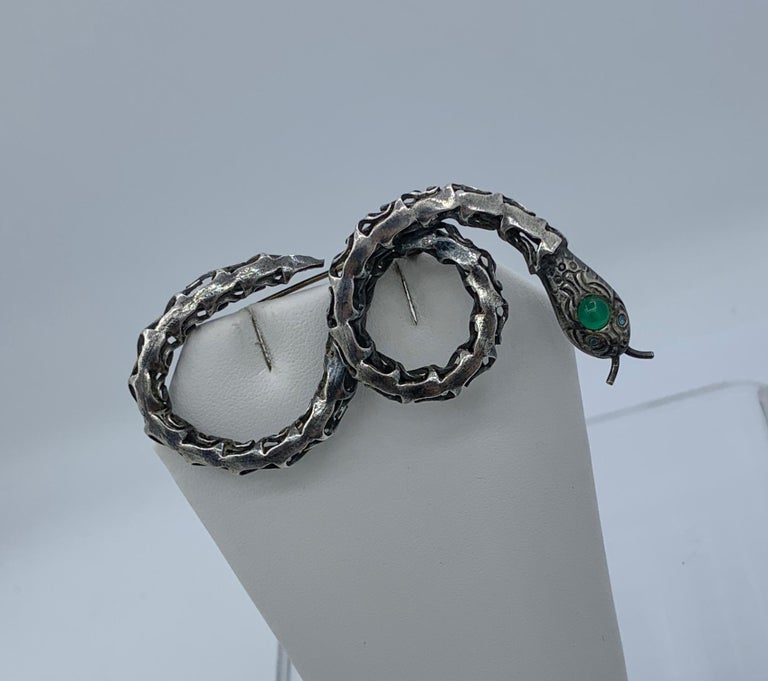 Art Deco Snake Brooch Green Chrysophrase Silver Antique For Sale at 1stDibs