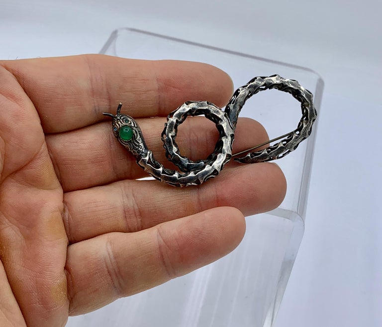 Art Deco Snake Brooch Green Chrysophrase Silver Antique For Sale at 1stDibs