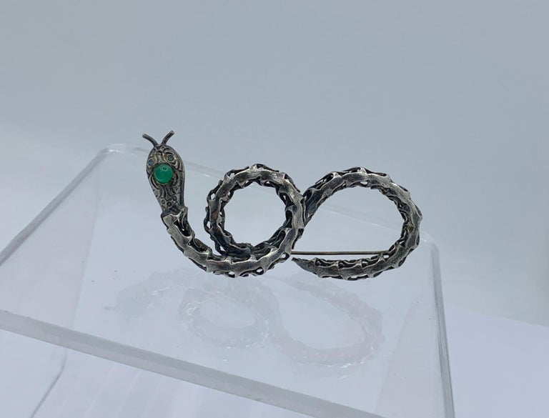 Art Deco Snake Brooch Green Chrysophrase Silver Antique For Sale at 1stDibs