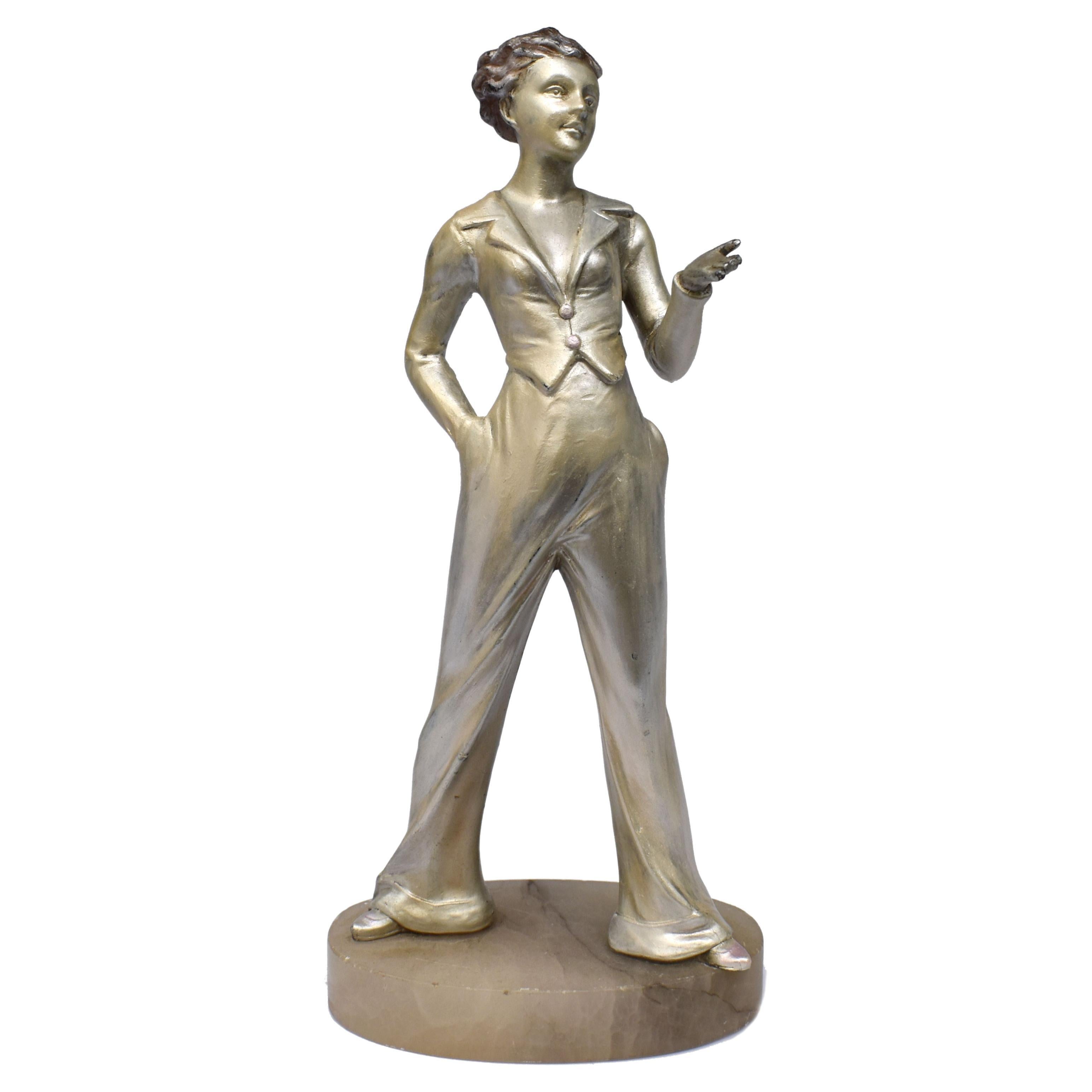 1930s Art Deco Spelter Figural Lady on Alabaster Base at 1stDibs