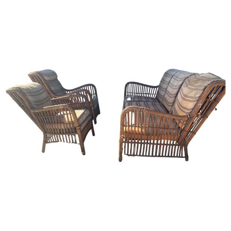 Art Deco Split Reed / Stick Wicker 4 Piece Seating, and Table, Unusual ...