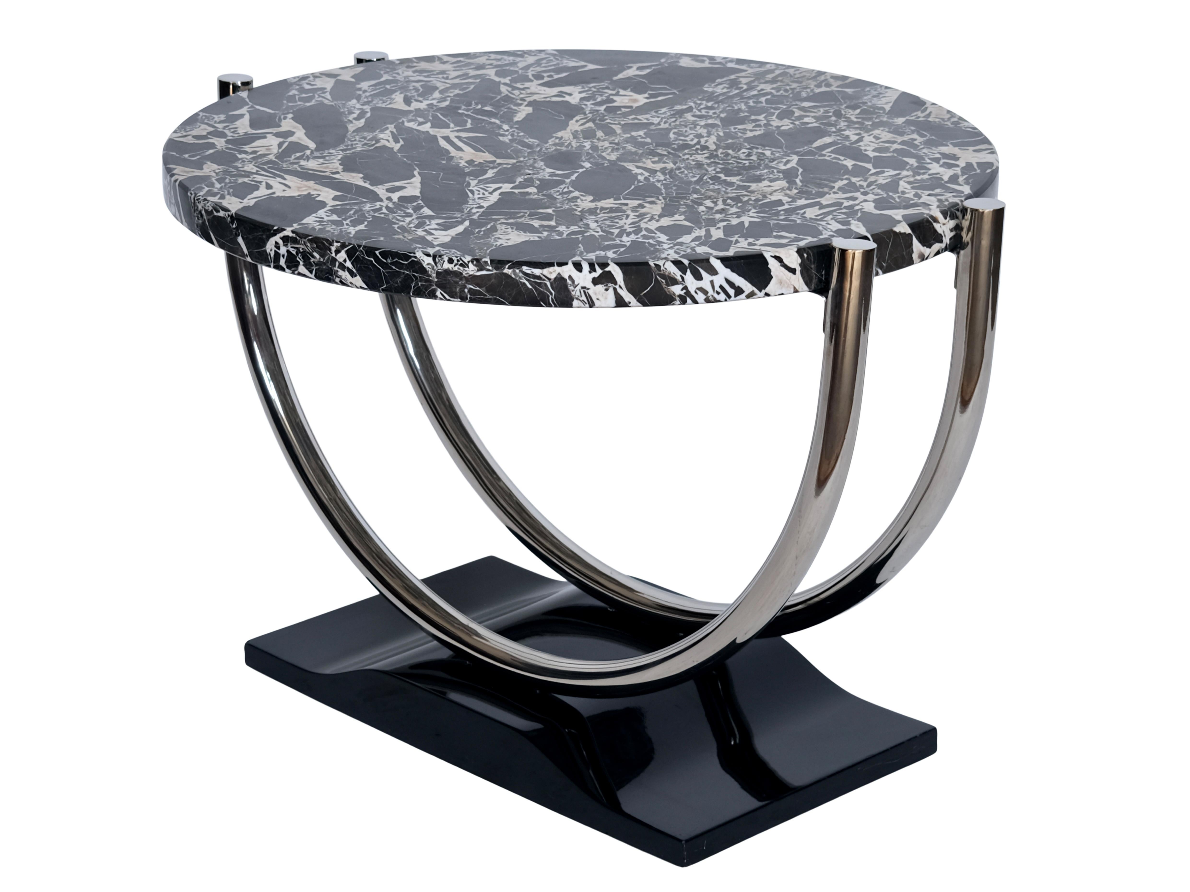 Art Deco Steel Tube Side Table with Round Marble Top And Black Lacquer ...