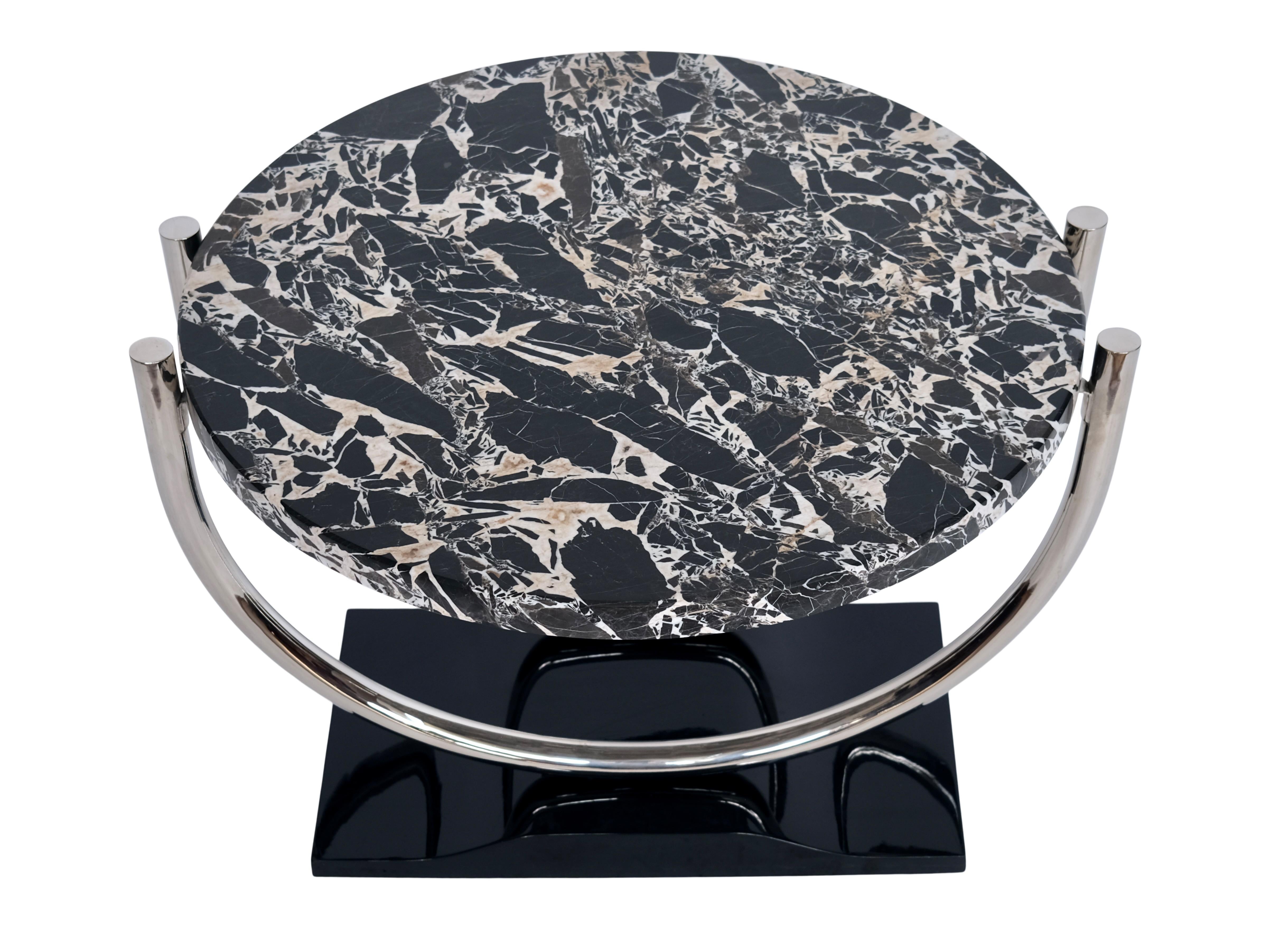 Art Deco Steel Tube Side Table with Round Marble Top And Black Lacquer ...