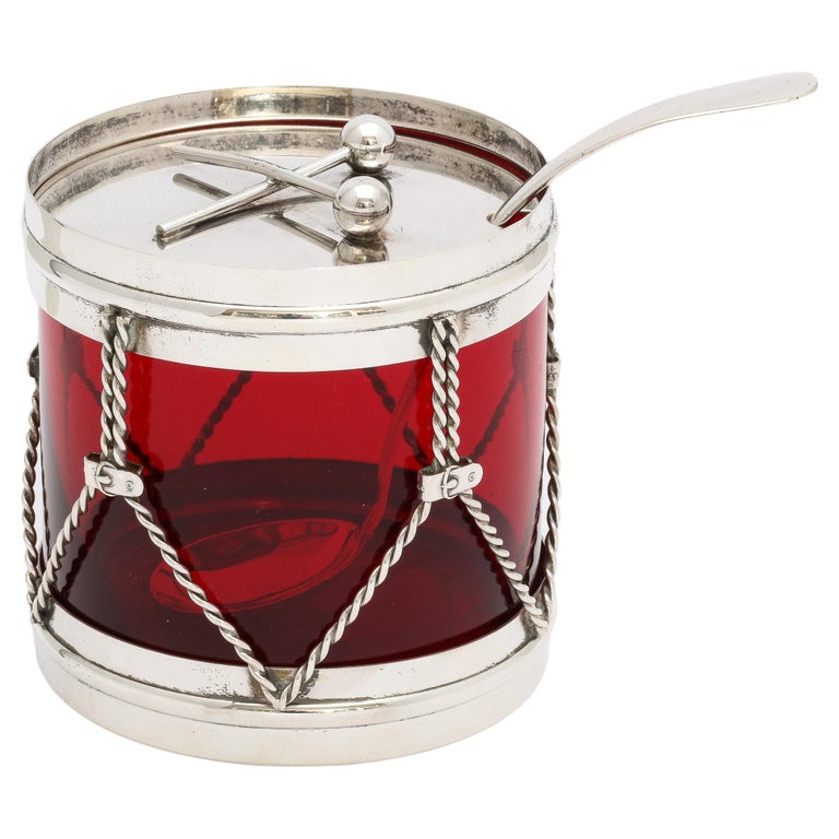 Art Deco Sterling and Ruby Glass Drum-Form Condiments Jar With Original ...