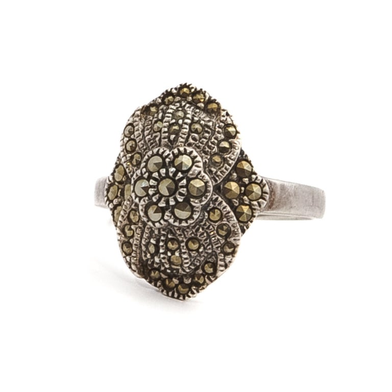 Art Deco Sterling Silver and Marcasite Flower Ring For Sale at 1stDibs