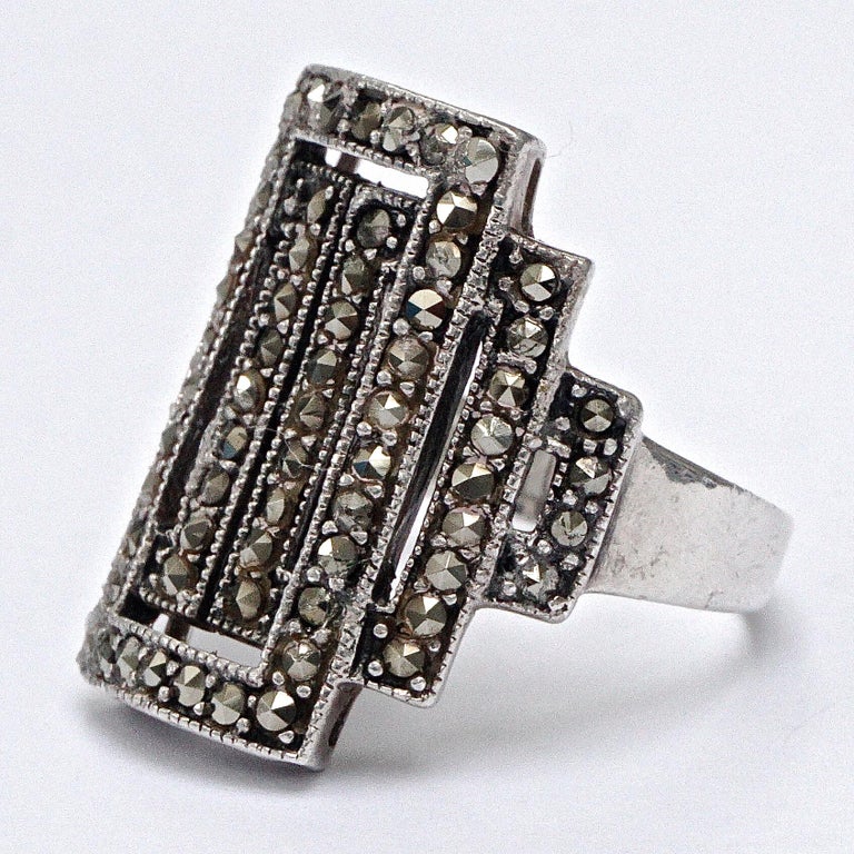 Art Deco Sterling Silver and Marcasite Statement Ring circa 1930s For ...