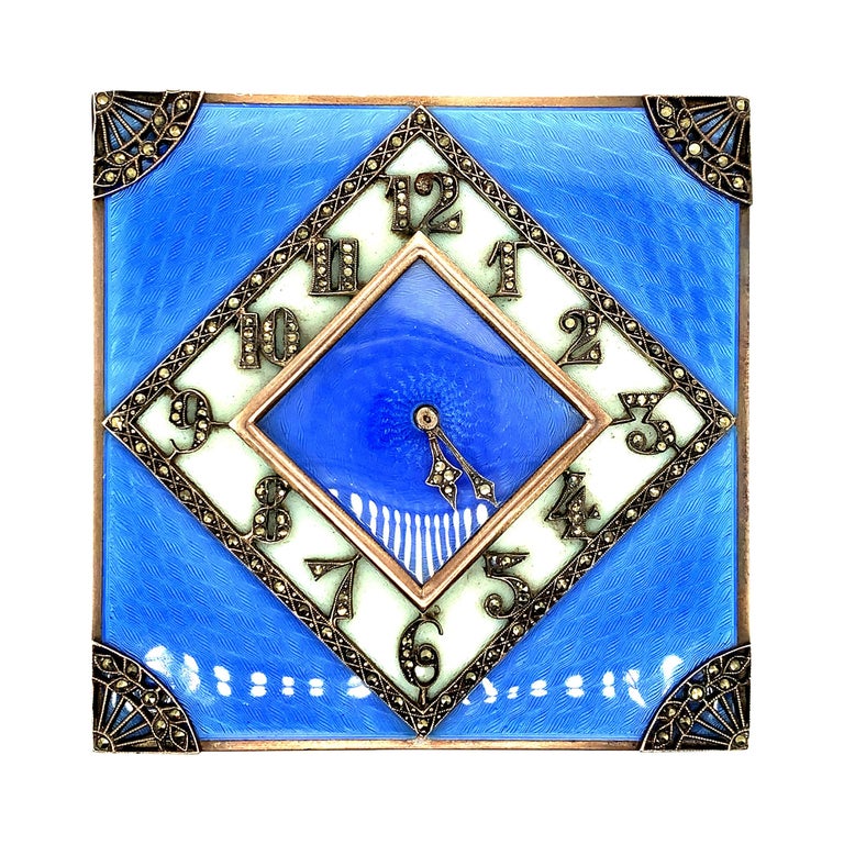 Art Deco Sterling Silver and Enamel Clock at 1stDibs
