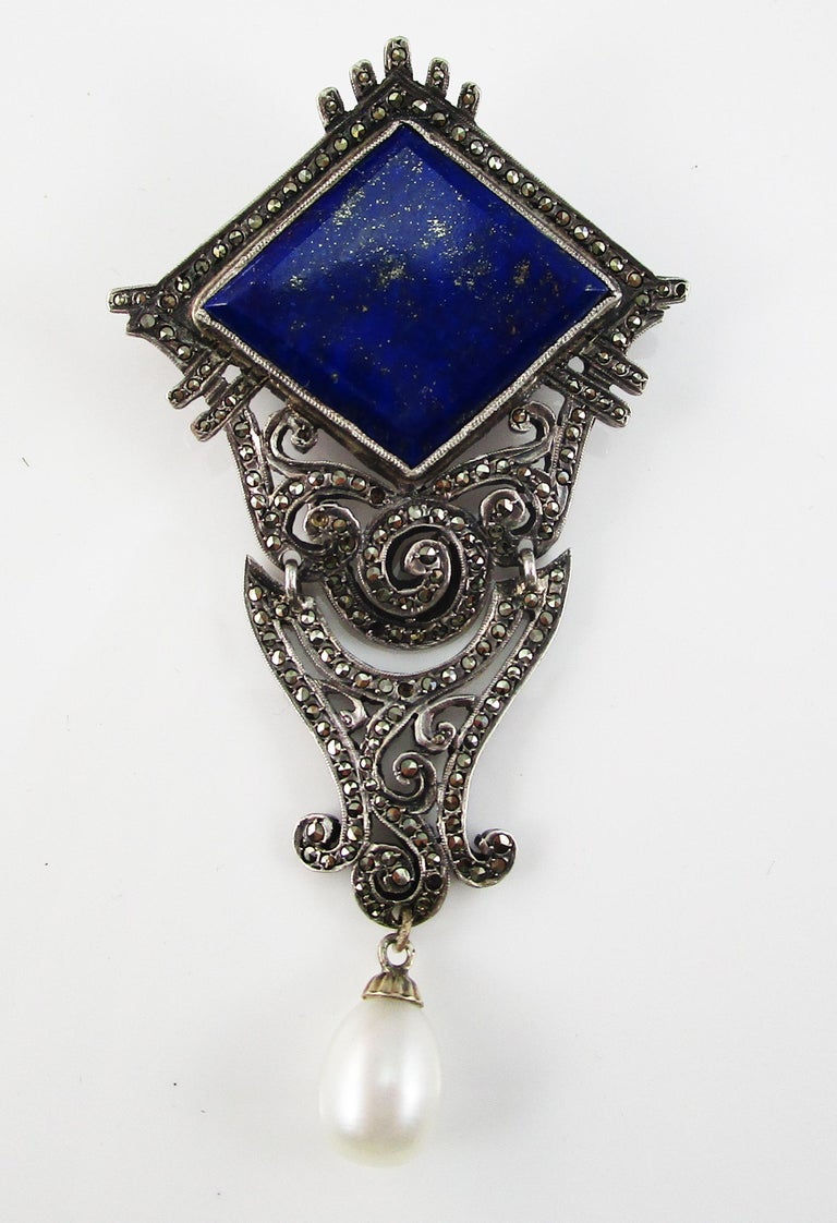 Art Deco Sterling Silver Marcasite Blue Lapis Pin with Pearl Dangle at ...