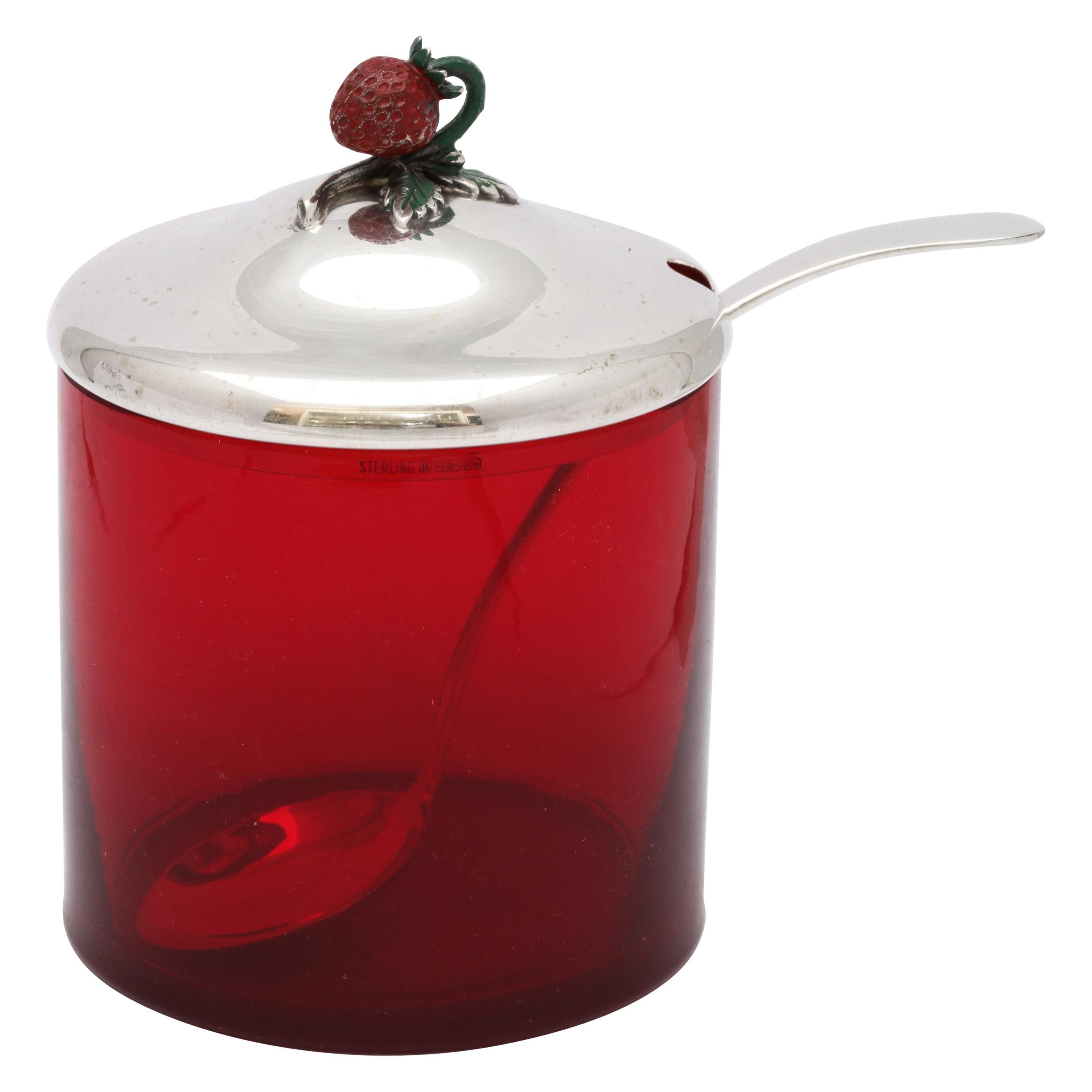 Art Deco Sterling Silver-Mounted Red Glass Condiments Jar with Original ...
