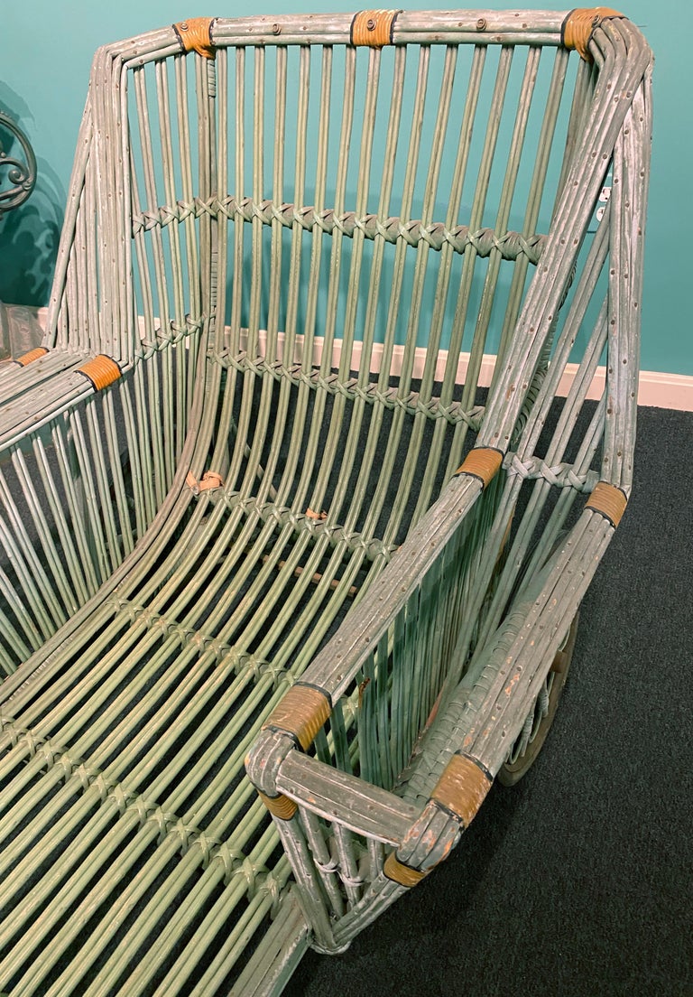 Art Deco Stick Wicker and Rattan Chaise Lounge with Wheels in Green ...