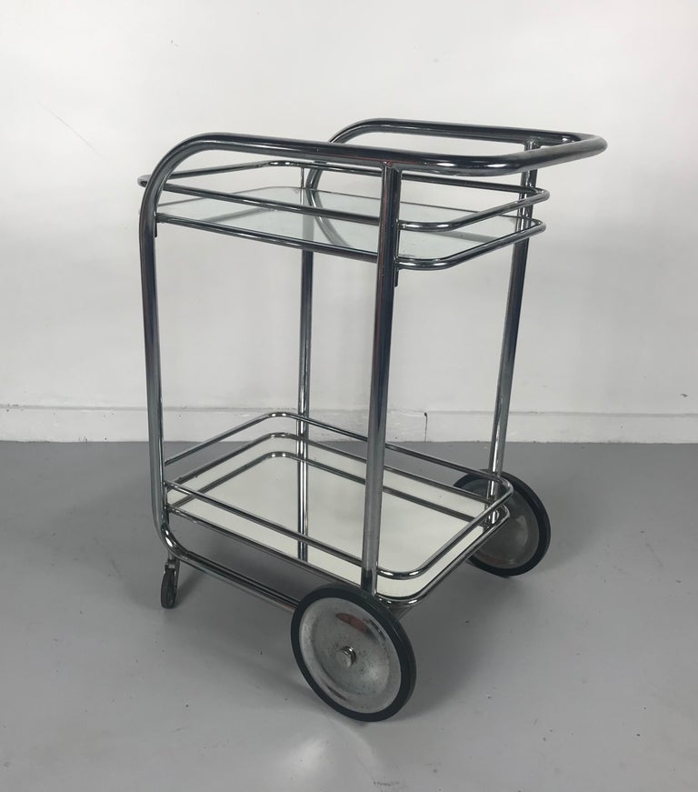 Art Deco Streamline Tubular Chrome and Glass Rolling Bar Cart or ...