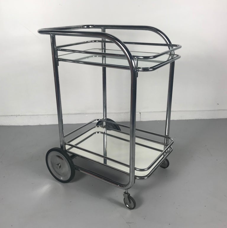 Art Deco Streamline Tubular Chrome and Glass Rolling Bar Cart or ...