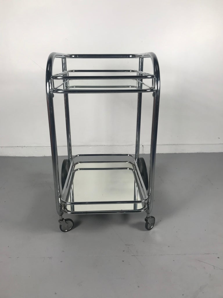 Art Deco Streamline Tubular Chrome and Glass Rolling Bar Cart or ...