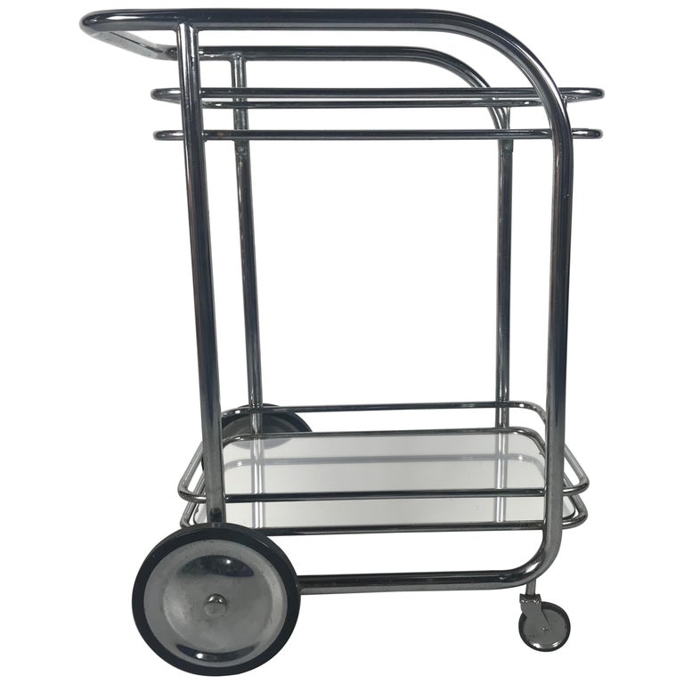 Art Deco Streamline Tubular Chrome and Glass Rolling Bar Cart or ...