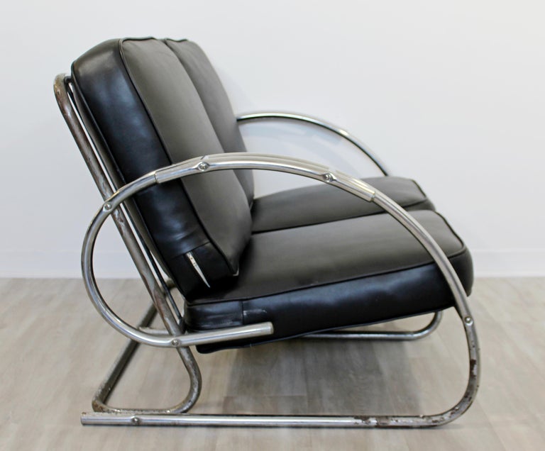 Art Deco Streamline Tubular Chrome Black Vinyl Settee Sofa Loveseat ...