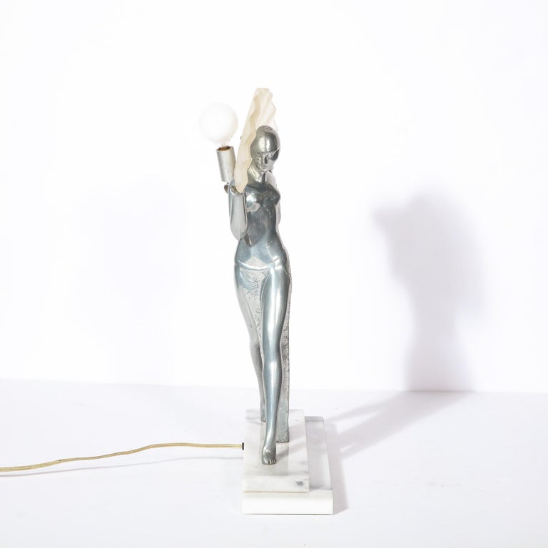 Art Deco Streamlined Pewter and Frosted Glass Flapper Table Lamp with ...