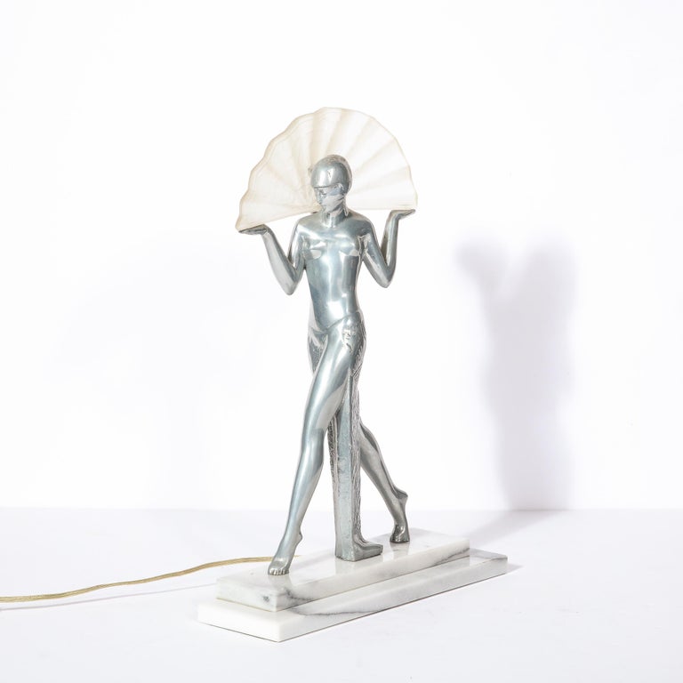 Art Deco Streamlined Pewter and Frosted Glass Flapper Table Lamp with ...