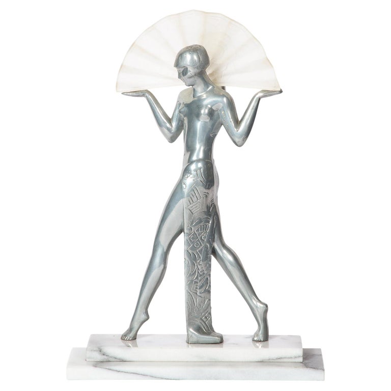 Art Deco Streamlined Pewter and Frosted Glass Flapper Table Lamp with ...
