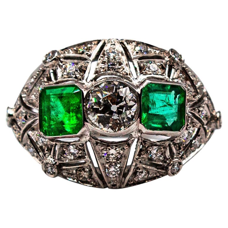 Art Deco Style 0.99 Carat White Diamond 0.85 Carat Emerald White Gold ...