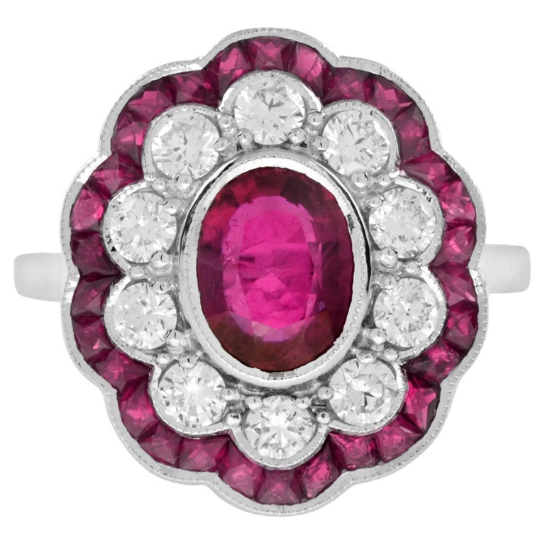 Certified No Heated Siamese Ruby and Diamonds Cluster Ring in 18K White ...