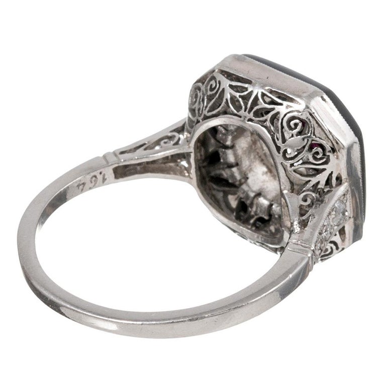 Art Deco Style 1.64 Carat Old European Cut Diamond, Ruby and Onyx Ring ...
